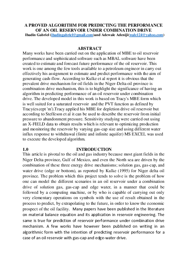 Pdf A Proved Algorithm For Predicting The Performance Of An Oil