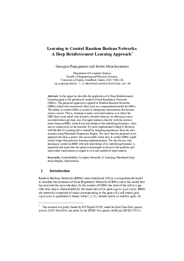 Pdf Learning To Control Random Boolean Networks A Deep Reinforcement Learning Approach
