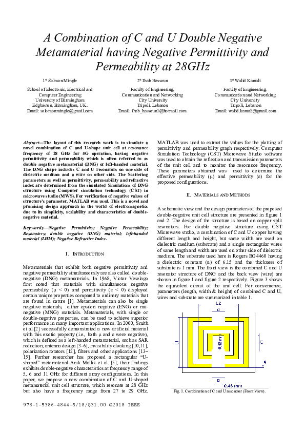 (PDF) A Combination of C and U Double Negative Metamaterial having Negative Permittivity and ...