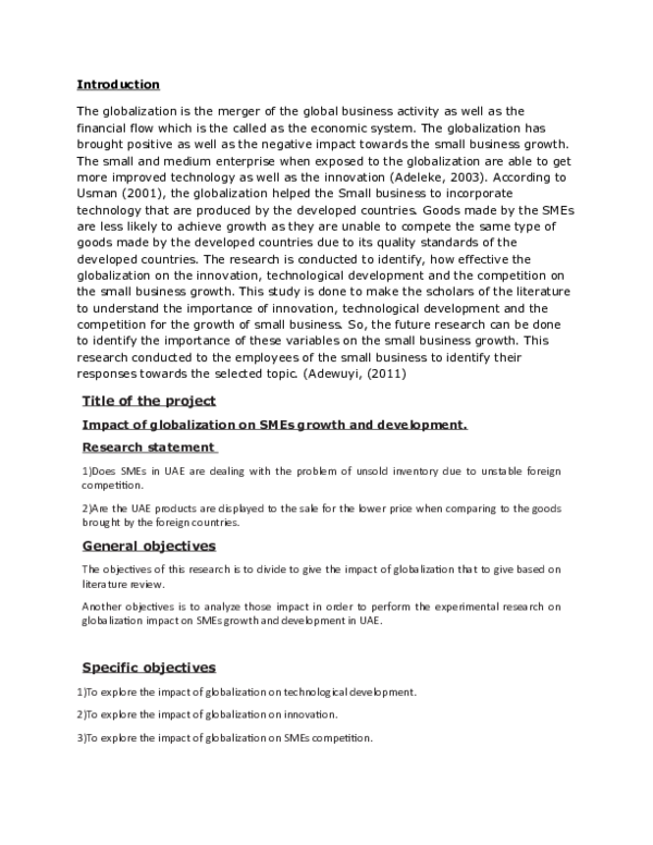 (DOC) Impact of globalization on Small and medium enterprise STUDY