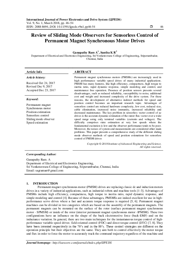 Pdf Review Of Sliding Mode Observers For Sensorless Control Of Permanent Magnet Synchronous
