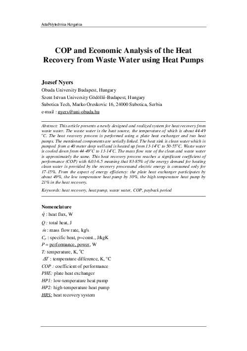 (PDF) COP and Economic Analysis of the Heat Recovery from Waste Water ...