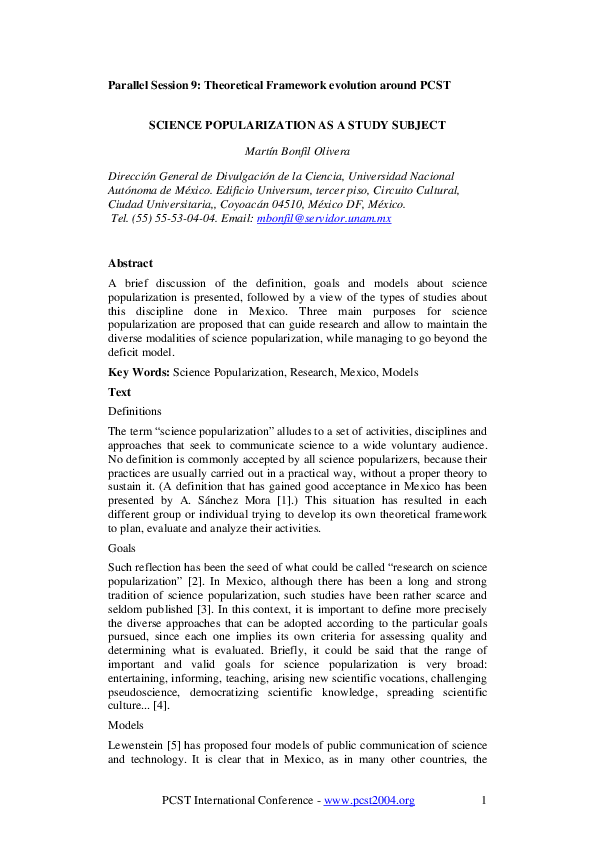 (PDF) Science popularization as a study subject