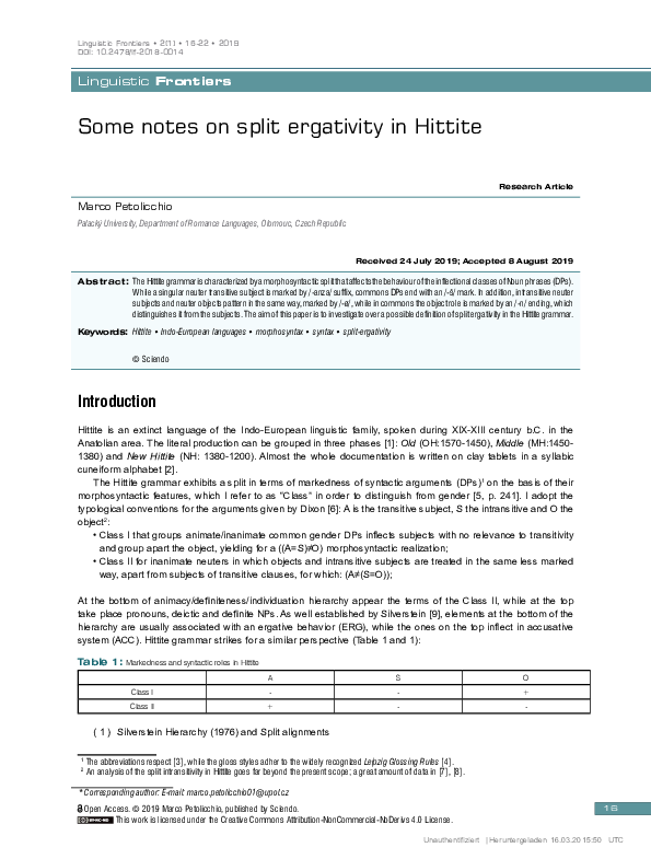 (PDF) Some notes on split ergativity in Hittite