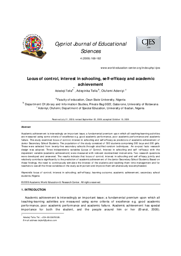 Pdf Locus Of Control Interest In Schooling Self Efficacy And Academic Achievement