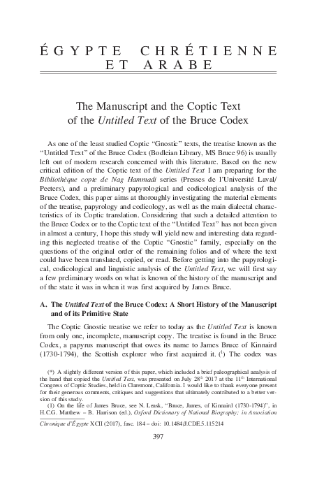 (PDF) The Manuscript and Coptic Text of the Untitled Text of the Bruce ...