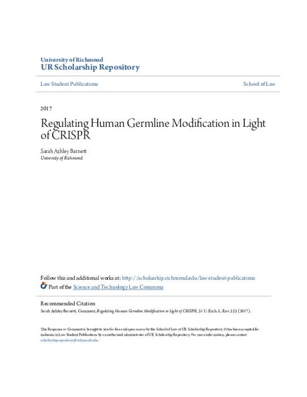 (PDF) Regulating Human Germline Modification in Light of CRISPR