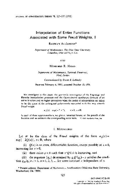 (PDF) Interpolation of entire functions associated with some Freud weights, I