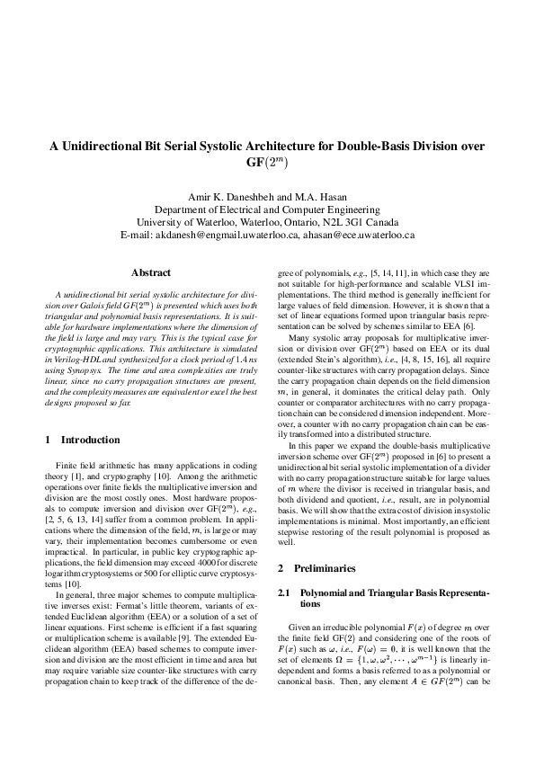 (PDF) A Unidirectional Bit Serial Systolic Architecture for Double-Basis Division over GF (2 m ...