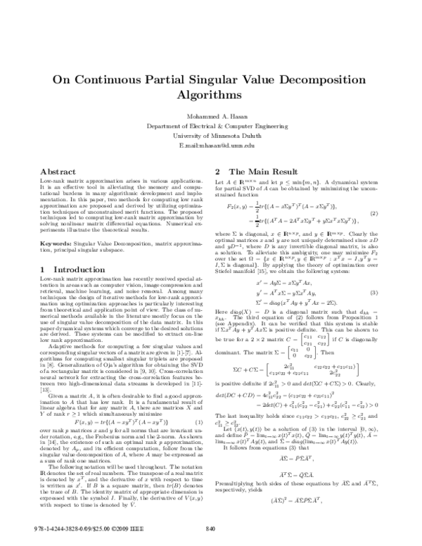 Pdf On Continuous Partial Singular Value Decomposition Algorithms