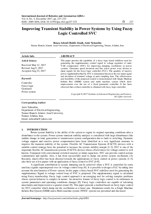 (PDF) Improving Transient Stability in Power Systems by Using Fuzzy Logic Controlled SVC