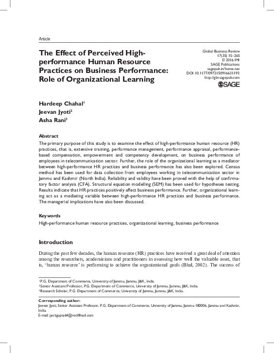 (PDF) The Effect of Perceived High- performance Human Resource Practices on Business Performance ...