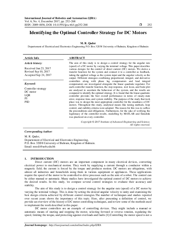 (PDF) Identifying the Optimal Controller Strategy for DC Motors