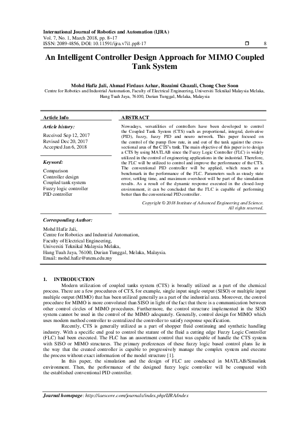 (PDF) An Intelligent Controller Design Approach for MIMO Coupled Tank System