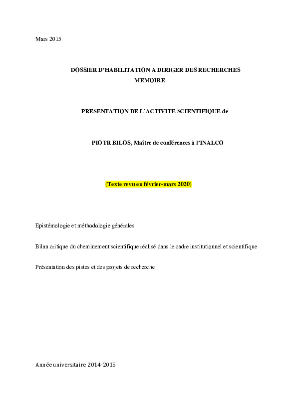 (PDF) RESUME DES TRAVAUX (mémoire de synthèse HDR) PROBLEMATIQUES