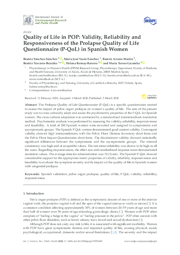(PDF) Quality of Life in POP: Validity, Reliability and Responsiveness ...