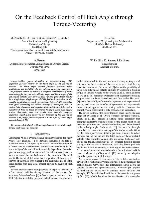 (PDF) On the Feedback Control of Hitch Angle through Torque-Vectoring