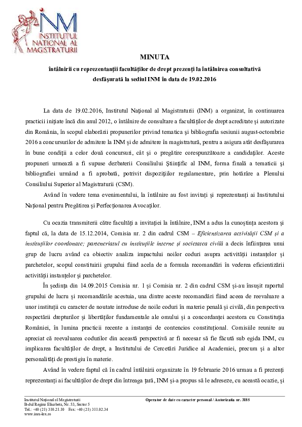 (PDF) Minuta intalnirii cu reprezentantii facultatilor de drept - 19.02.