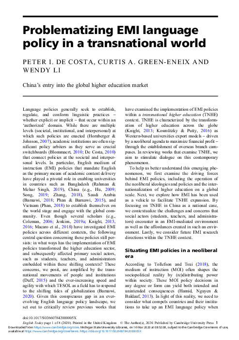 (PDF) Problematizing EMI language policy in a transnational world