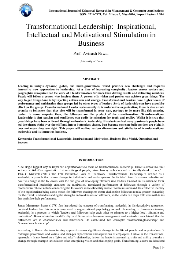 (PDF) Transformational Leadership: Inspirational, Intellectual and Motivational Stimulation in ...