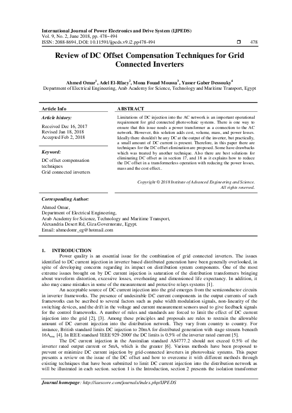 Pdf Review Of Dc Offset Compensation Techniques For Grid Connected Inverters