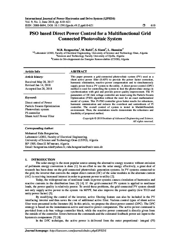 (PDF) PSO based Direct Power Control for a Multifunctional Grid Connected Photovoltaic System