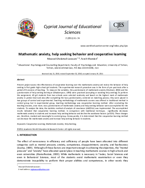 (PDF) Mathematic anxiety, help seeking behavior and cooperative learning