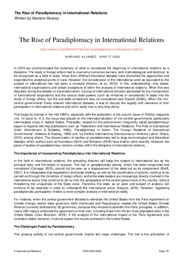 (PDF) The Rise of Paradiplomacy in International Relations