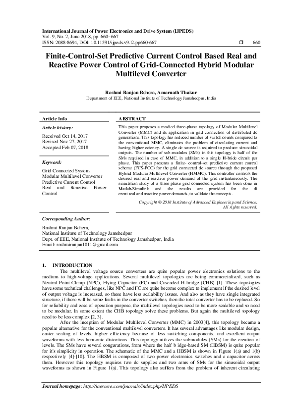 Pdf Finite Control Set Predictive Current Control Based Real And Reactive Power Control Of