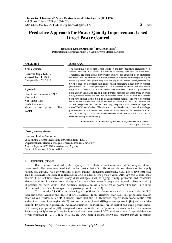 (PDF) Predictive Approach for Power Quality Improvement based Direct Power Control