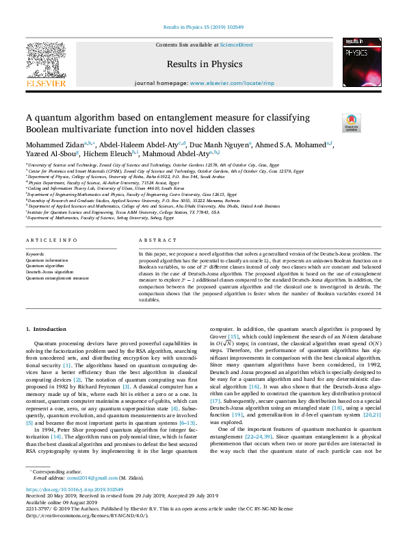 Pdf A Quantum Algorithm Based On Entanglement Measure For Classifying Boolean Multivariate