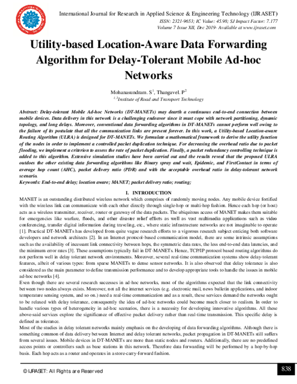 Pdf Utility Based Location Aware Data Forwarding Algorithm For Delay Tolerant Mobile Ad Hoc