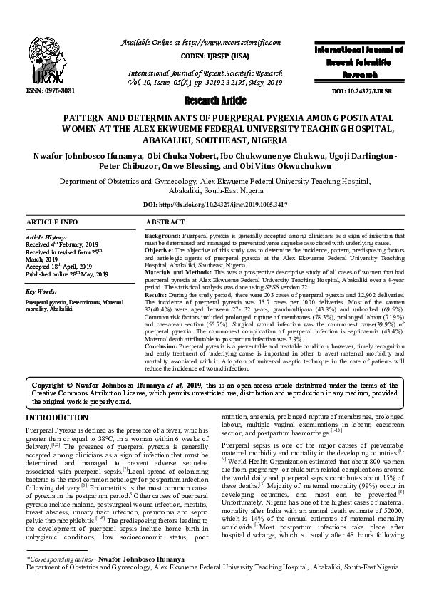 (PDF) PATTERN AND DETERMINANTS OF PUERPERAL PYREXIA AMONG POSTNATAL ...