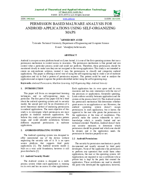 Pdf Permission Based Malware Analysis For Android Applications Using Self Organizing Maps
