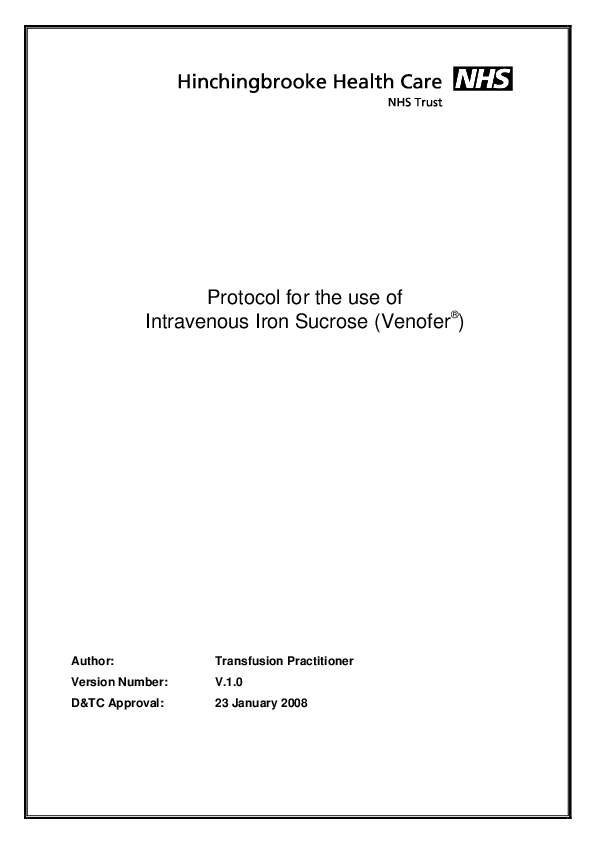 (PDF) Protocol for the use of Intravenous Iron Sucrose (Venofer