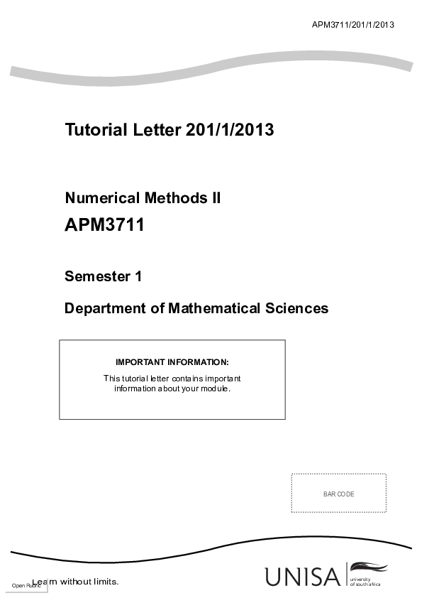 (PDF) Learn without limits. Tutorial Letter 201/1/2013 Numerical Methods II APM3711 Open Rubric
