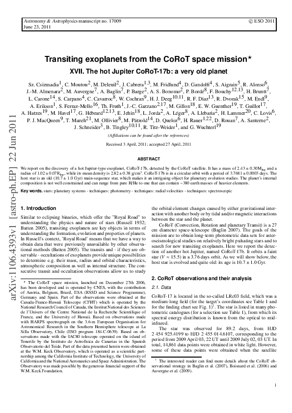 (PDF) Transiting exoplanets from the CoRoT space mission