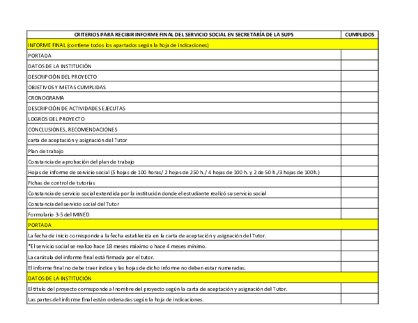 CRITERIOS PARA RECIBIR INFORME FINAL DEL SERVICIO SOCIAL EN SECRETARÍA ...