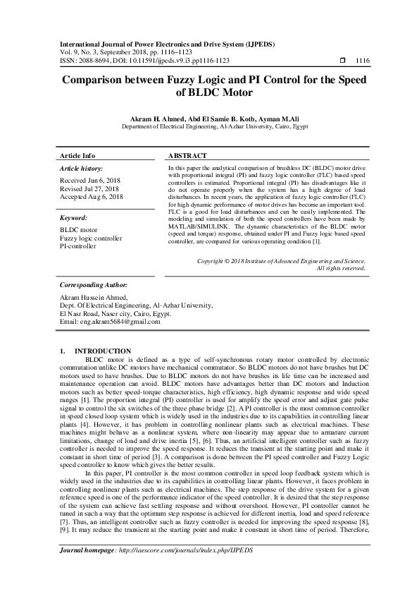 (PDF) Comparison between Fuzzy Logic and PI Control for the Speed of BLDC Motor