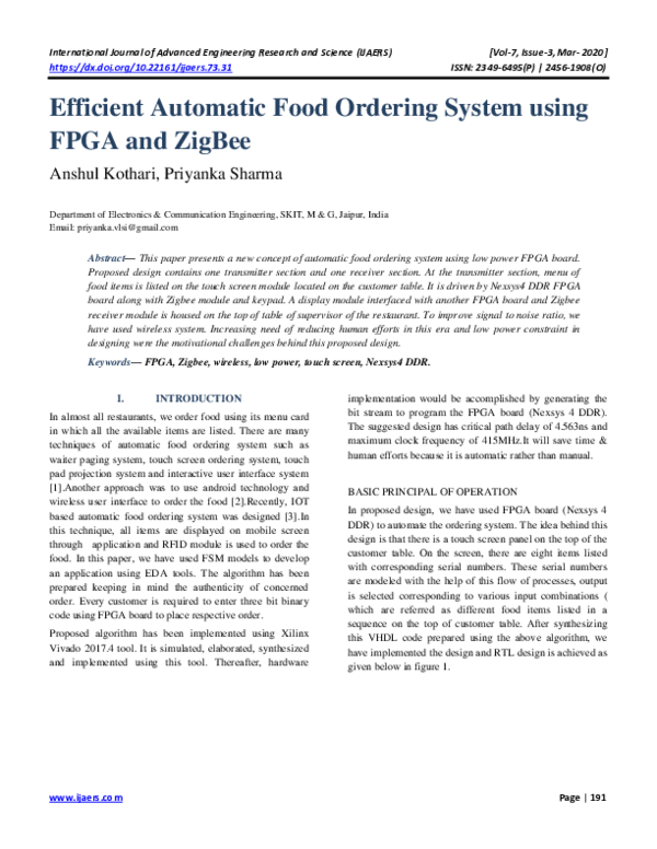 Pdf Efficient Automatic Food Ordering System Using Fpga And Zigbee