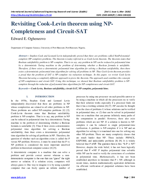 Pdf Revisiting Cook Levin Theorem Using Np Completeness And Circuit Sat