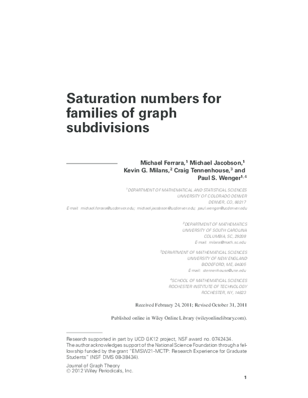(PDF) Saturation numbers for families of graph subdivisions
