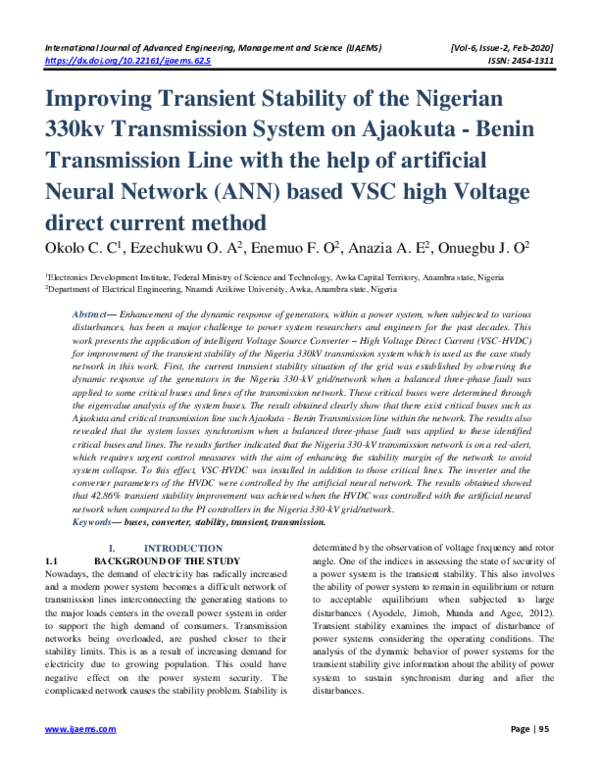 (PDF) Improving Transient Stability of the Nigerian 330kv Transmission System on Ajaokuta -Benin ...