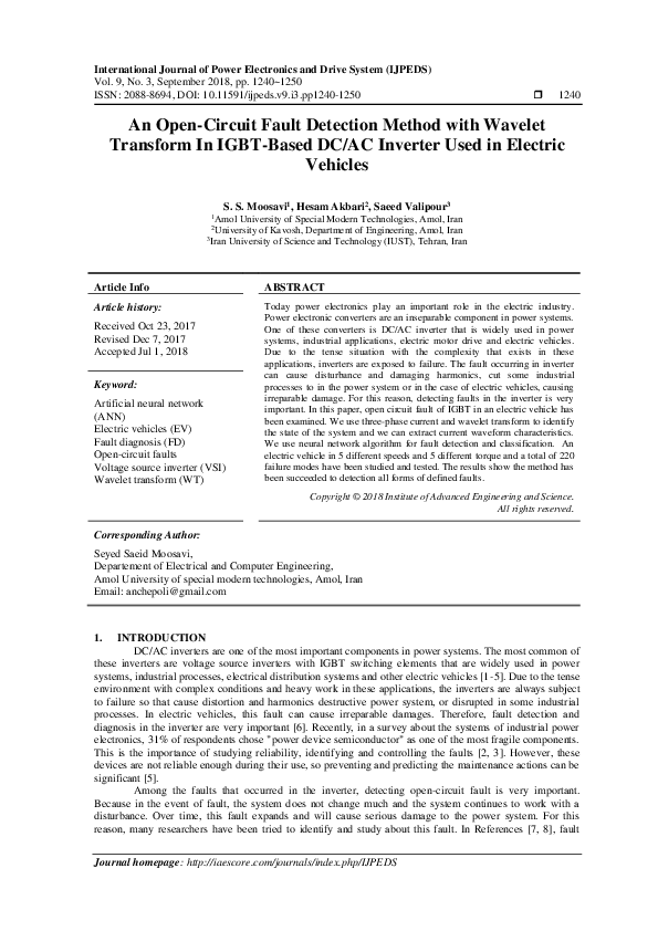Pdf An Open Circuit Fault Detection Method With Wavelet Transform In Igbt Based Dcac Inverter 3574