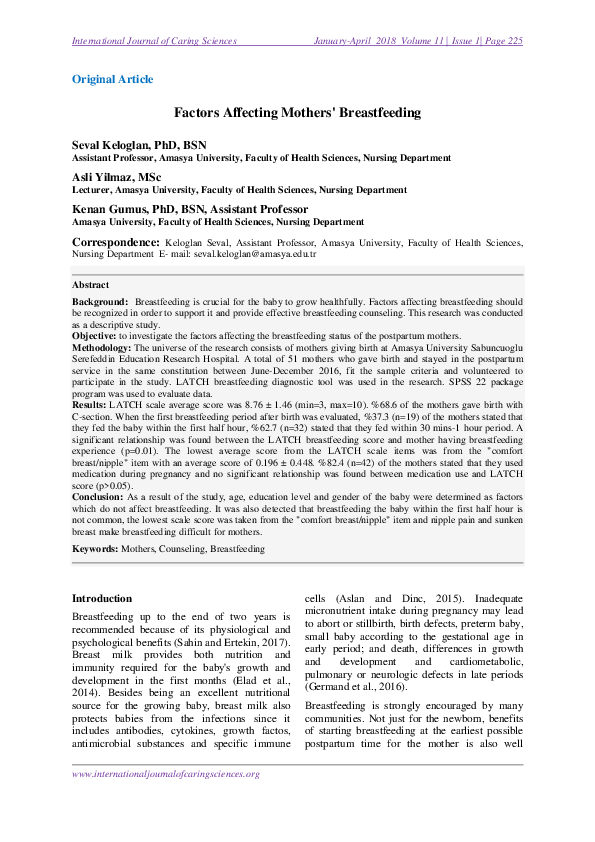 (PDF) Original Article Factors Affecting Mothers' Breastfeeding