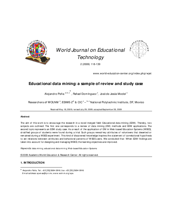 (PDF) Educational data mining: a sample of review and study case