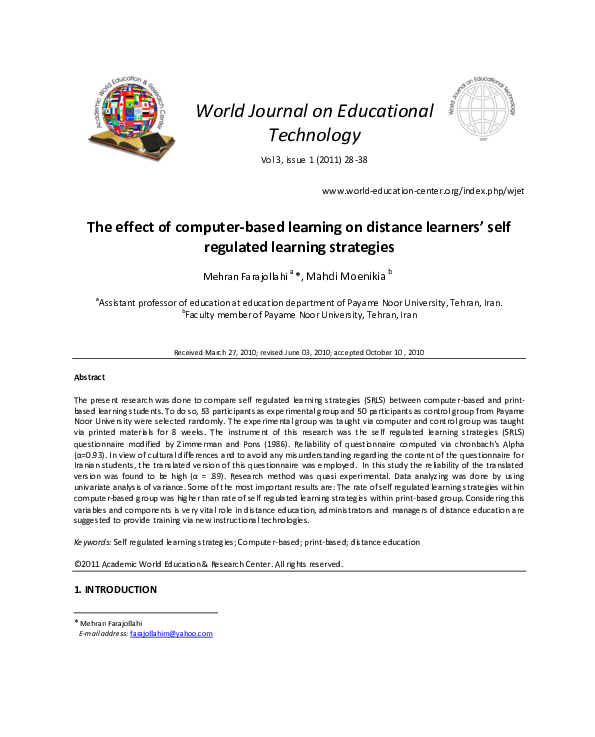 Pdf The Effect Of Computer Based Learning On Distance Learners Self Regulated Learning Strategies