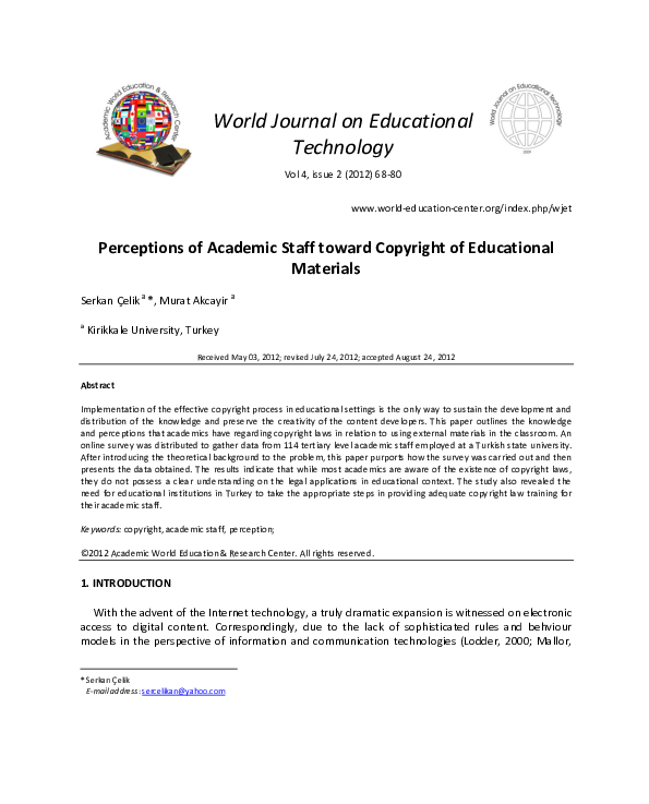 (PDF) Perceptions of Academic Staff toward Copyright of Educational ...