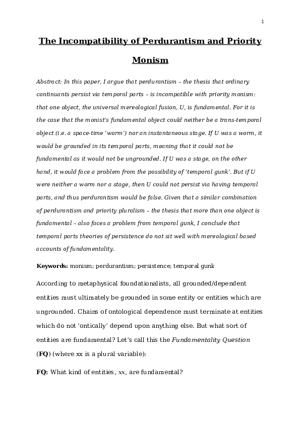 (DOC) The Incompatibility of Perdurantism and Priority Monism ...