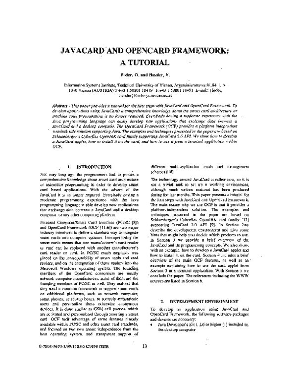 (PDF) JAVACARD AND OPENCARD A TUTORIAL FRAMEWORK